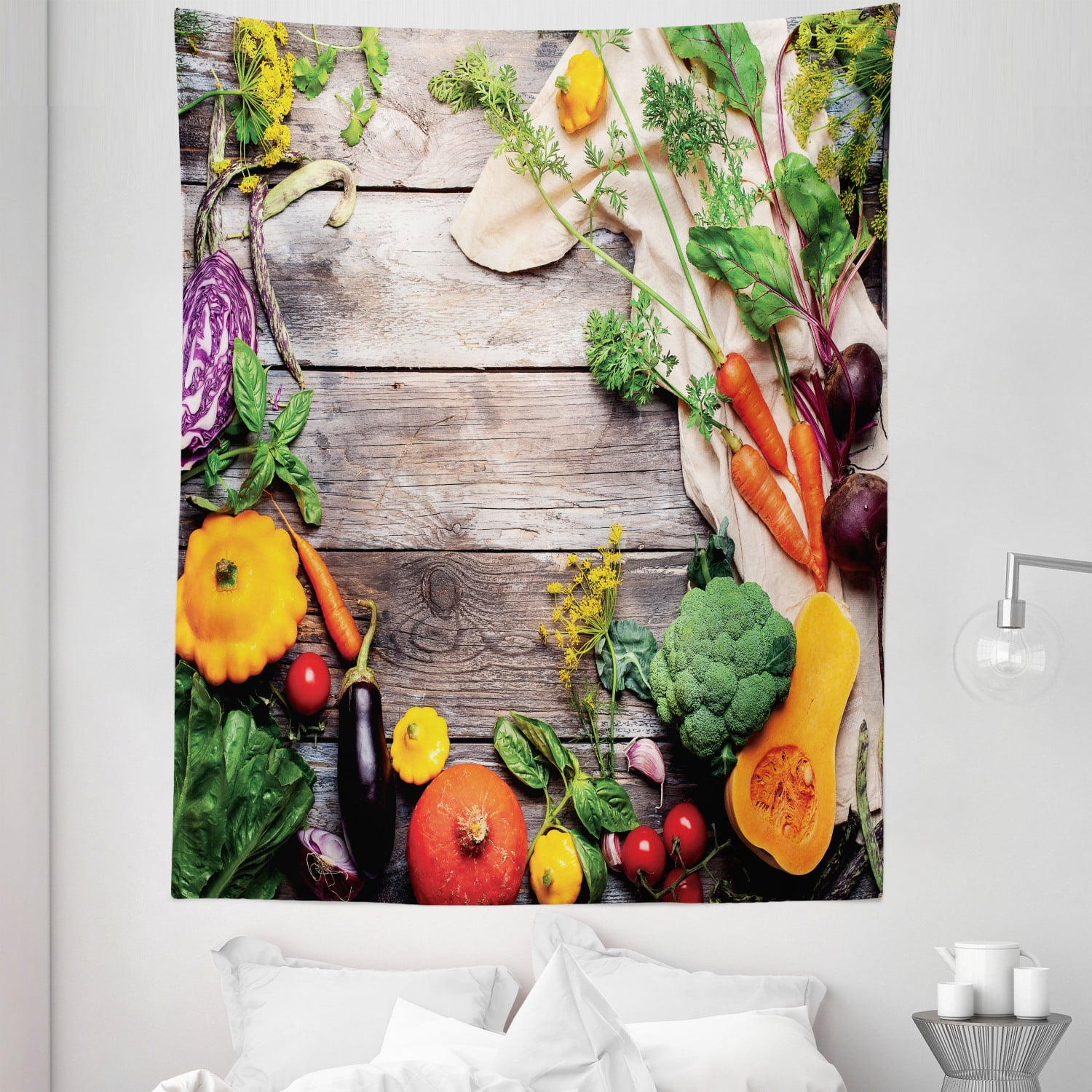 Food Tapestry, Vegetables on Grunge Looking Wooden Planks Backdrop Cook ...