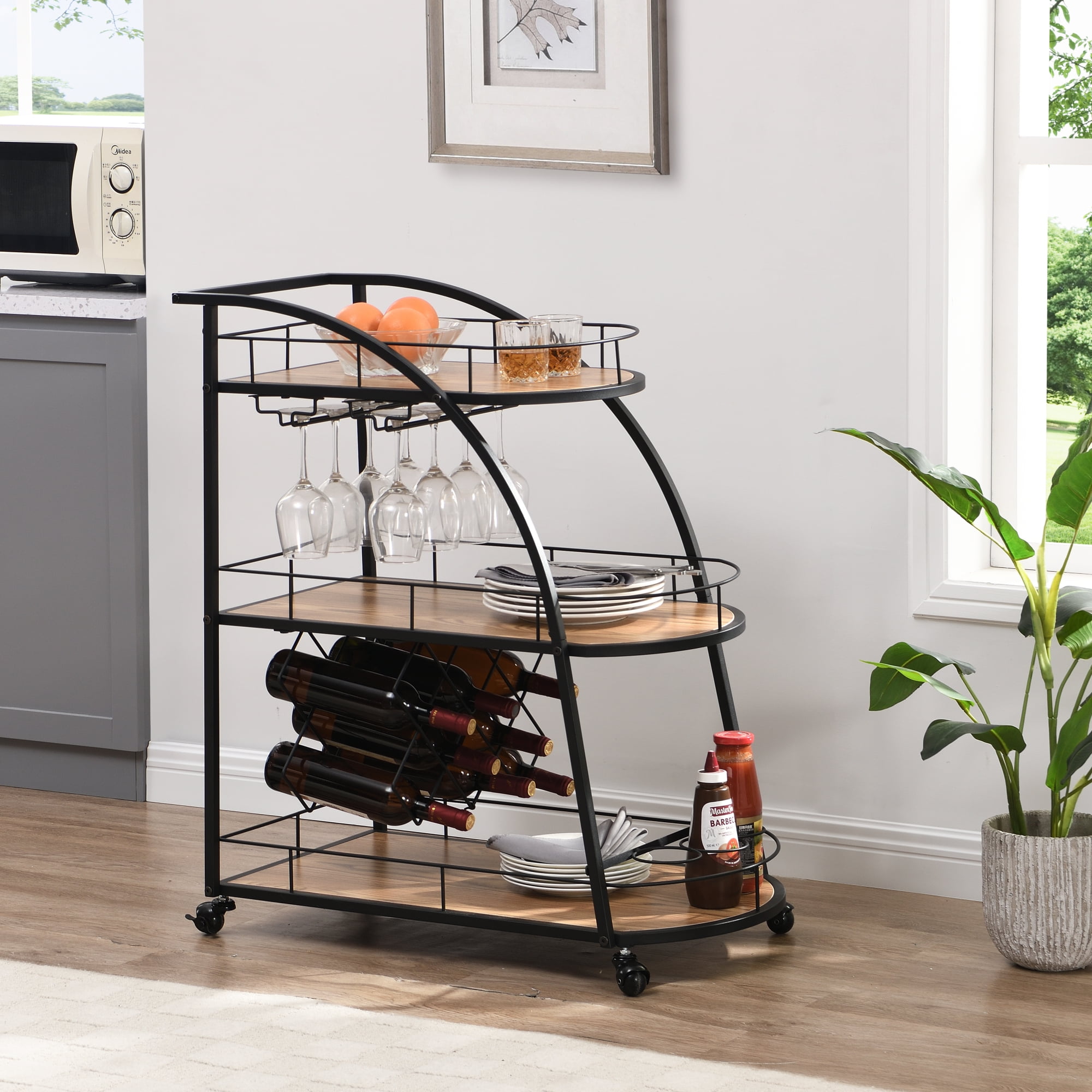 Pouseayar Mobile Bar Cart Serving 3-Tier Metal Frame, Black - Walmart.com
