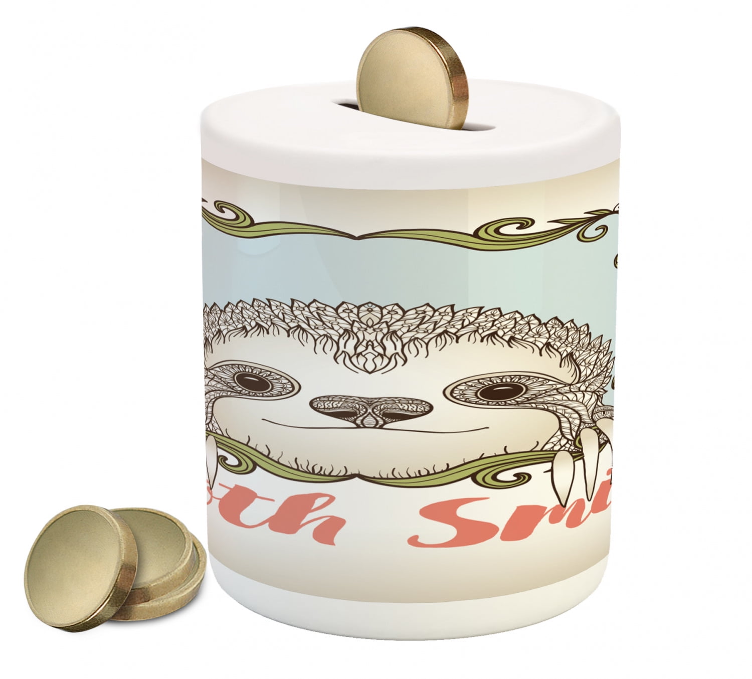 Sloth Piggy Bank, Exotic Animal in Floral Frame Smile Theme Mammal ...