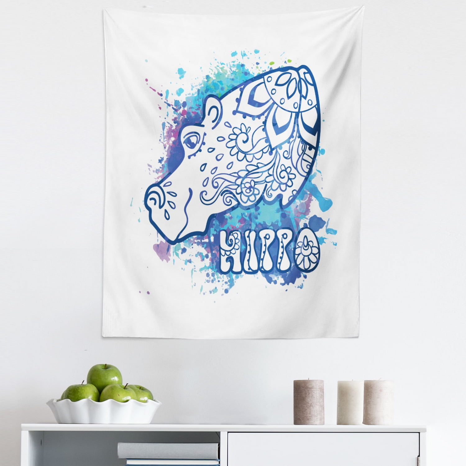 Hippo Tapestry, Bohemian Hippie Style Word and Hippo Head Shape ...