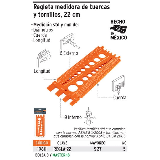 Regleta calibradora de tuercas y tornillos, 22 cm Truper Regleta ...