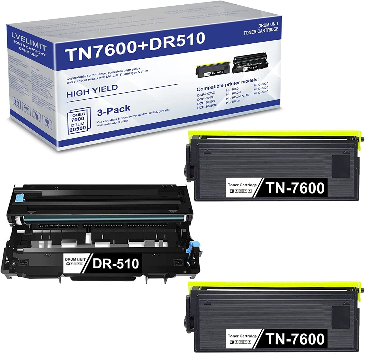 Compatible 3-Black (2 Toner+1 Drum) TN7600 TN-7600 Toner & DR510 DR-510 ...