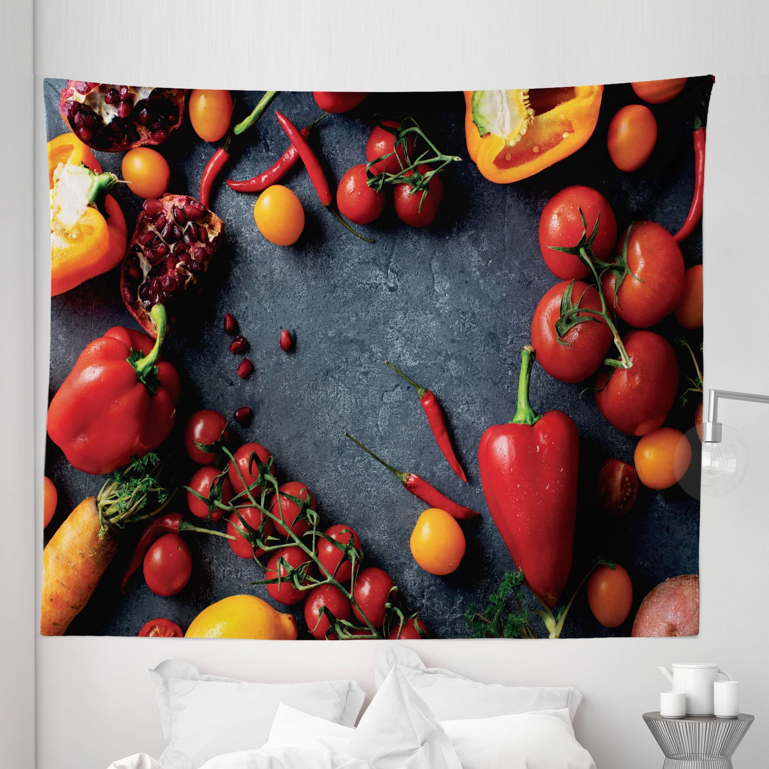 Food Tapestry, Warm Colored Vegetables and Fruits Tomatoes Peppers ...
