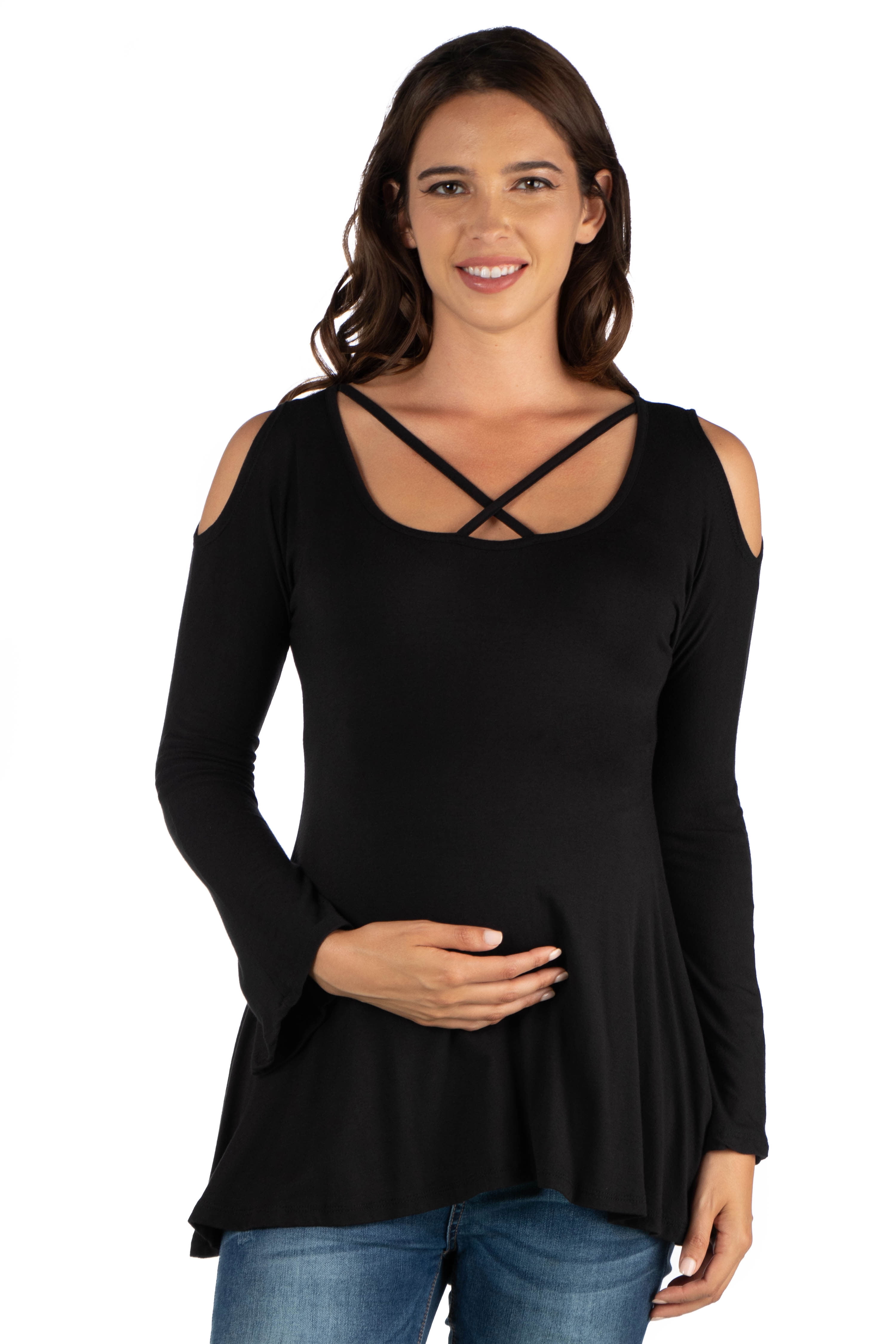 24seven Comfort Apparel Long Sleeve Maternity Criss Cross Cold Shoulder ...