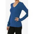 Themogan Womens Basic Plain Solid V Neck Long Sleeve Tee Cotton Fitted