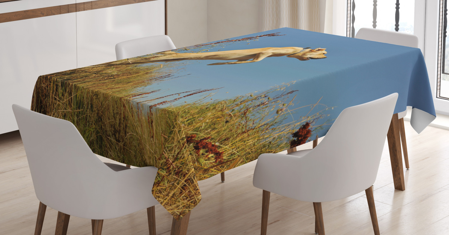 Hunting Decor Tablecloth, Purebred Labrador Retriever Jumping in a ...