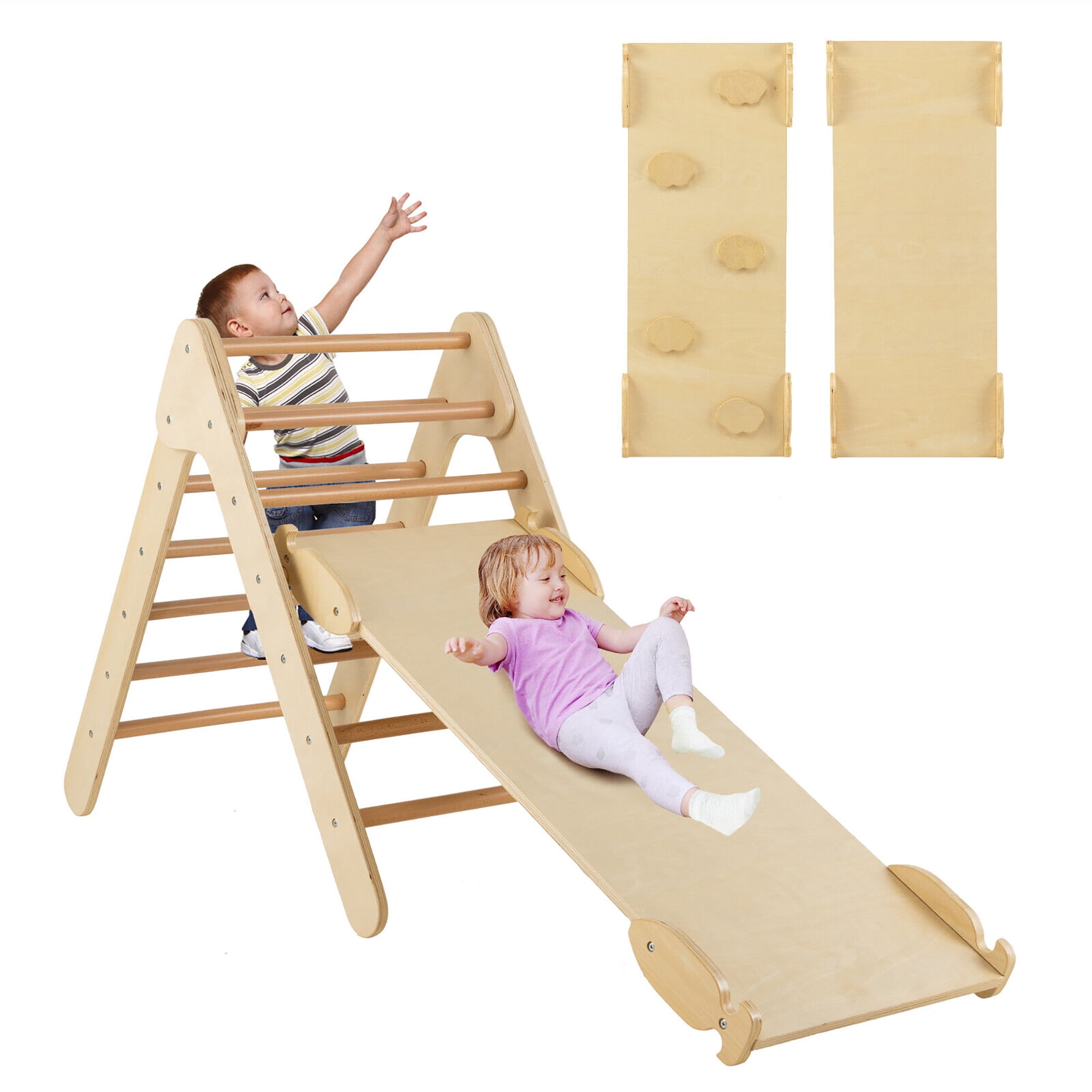 Gymax 3-in-1 Wooden Climbing Triangle Set Triangle Climber w/ Ramp ...