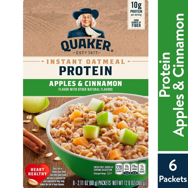 Quaker Protein Instant Oatmeal, Apples & Cinnamon, 2.11 oz Packets, 6 ...