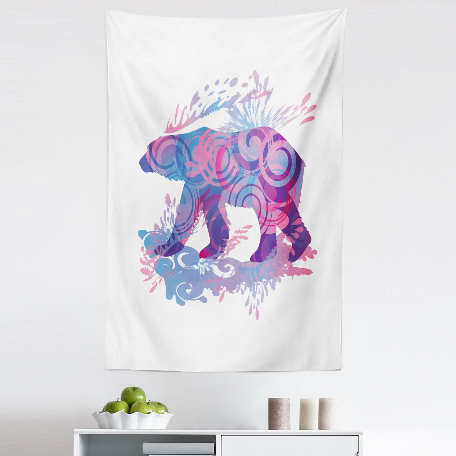 Bear Tapestry, Abstract Silhouette with Swirls Color Splashes Fantasy ...