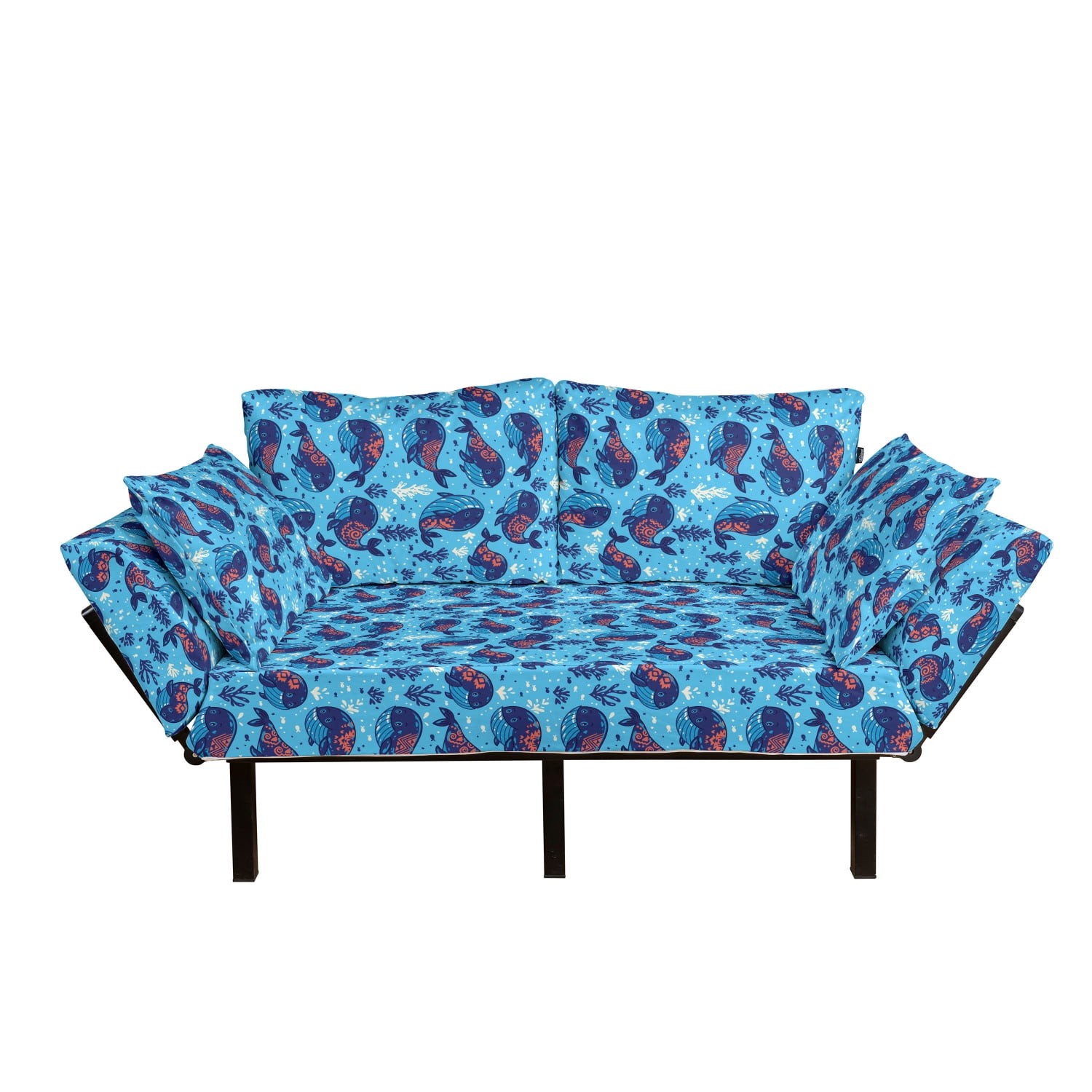 Aqua Futon Couch, Cartoon Style Marine Life Pattern with Whales Seaweed ...