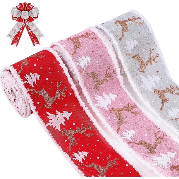 3 Rolls Of Christmas Ribbon Metallic Edges Christmas Elk Design For ...