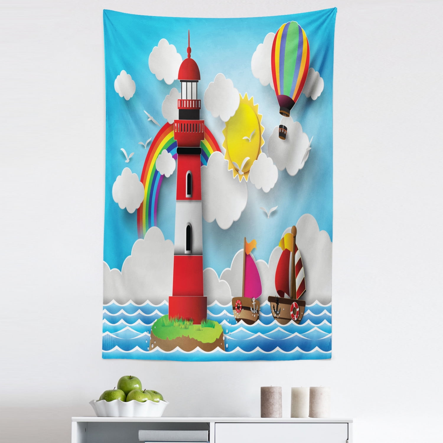 Vintage Boat Tapestry, Coast with Sailboats Sun Rainbow Hot Air Balloon ...