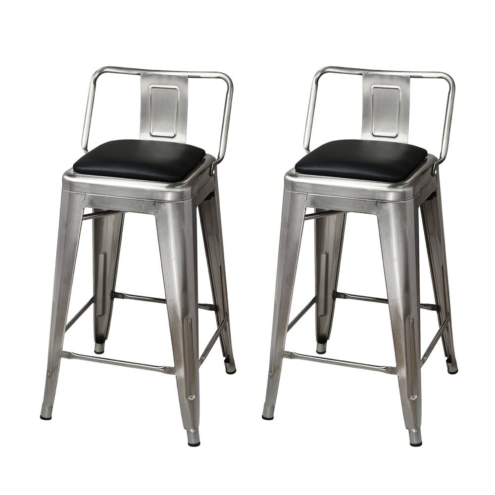 Leejay Gunmetal 24 inch Low Back Counter Height Metal Barstool with Vegan Leather Seat, Set of 2 ...