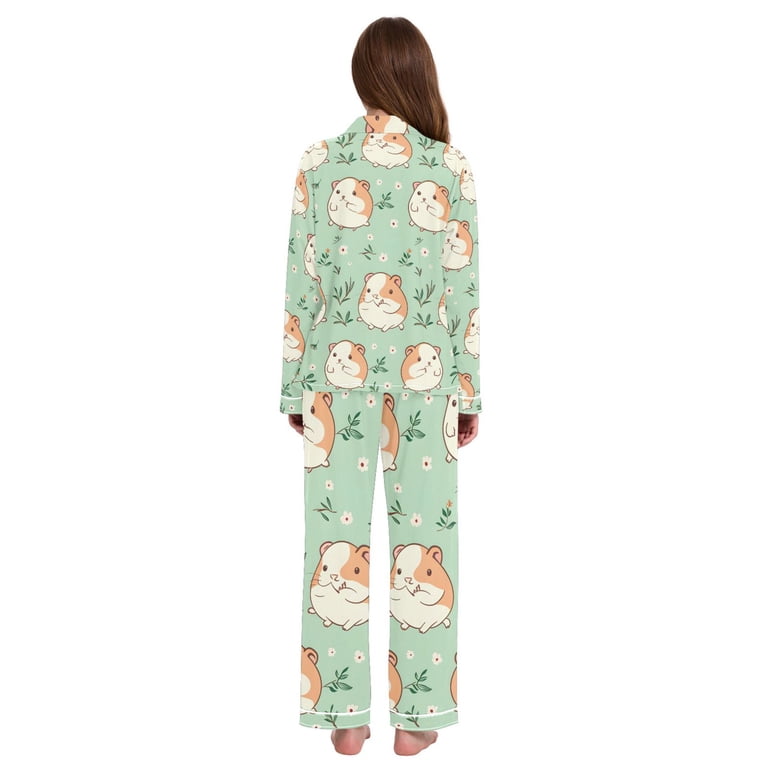 Hamster Pattern Women Pajama Set Soft Notch Collar Button Down Long ...