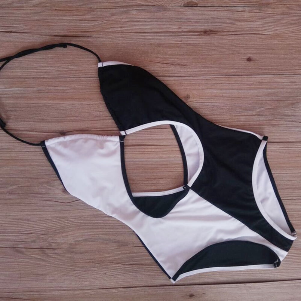 Women One Piece Swimsuit Halter Plunge Colorblock Splicing Cut Out