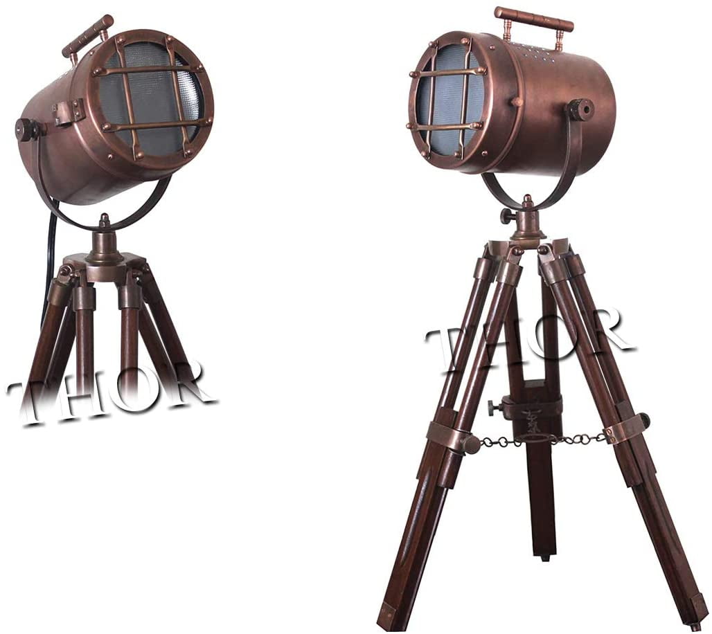 Vintage Style Copper Searchlight Wood Table Tripod Lamps LED spotlights ...