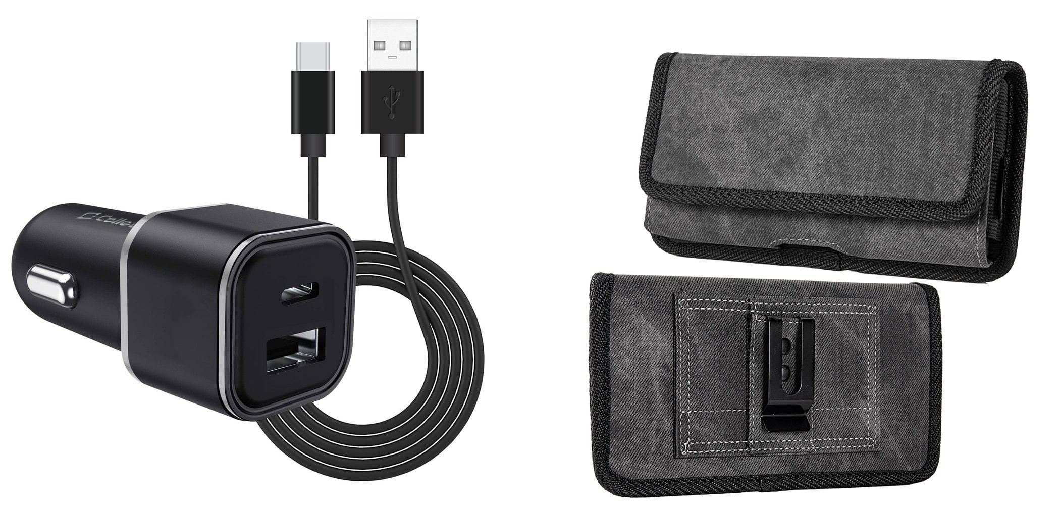 Pouch and Car Charger Bundle for BLU View 2: Rugged Denim Nylon Belt ...