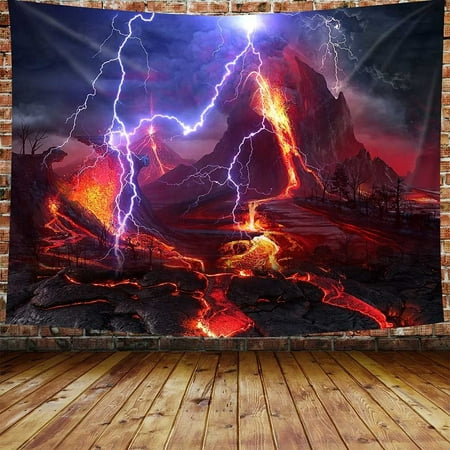 Volcano Tapestry, Lightning Storm Over Black Volcanic Eruption Wall ...