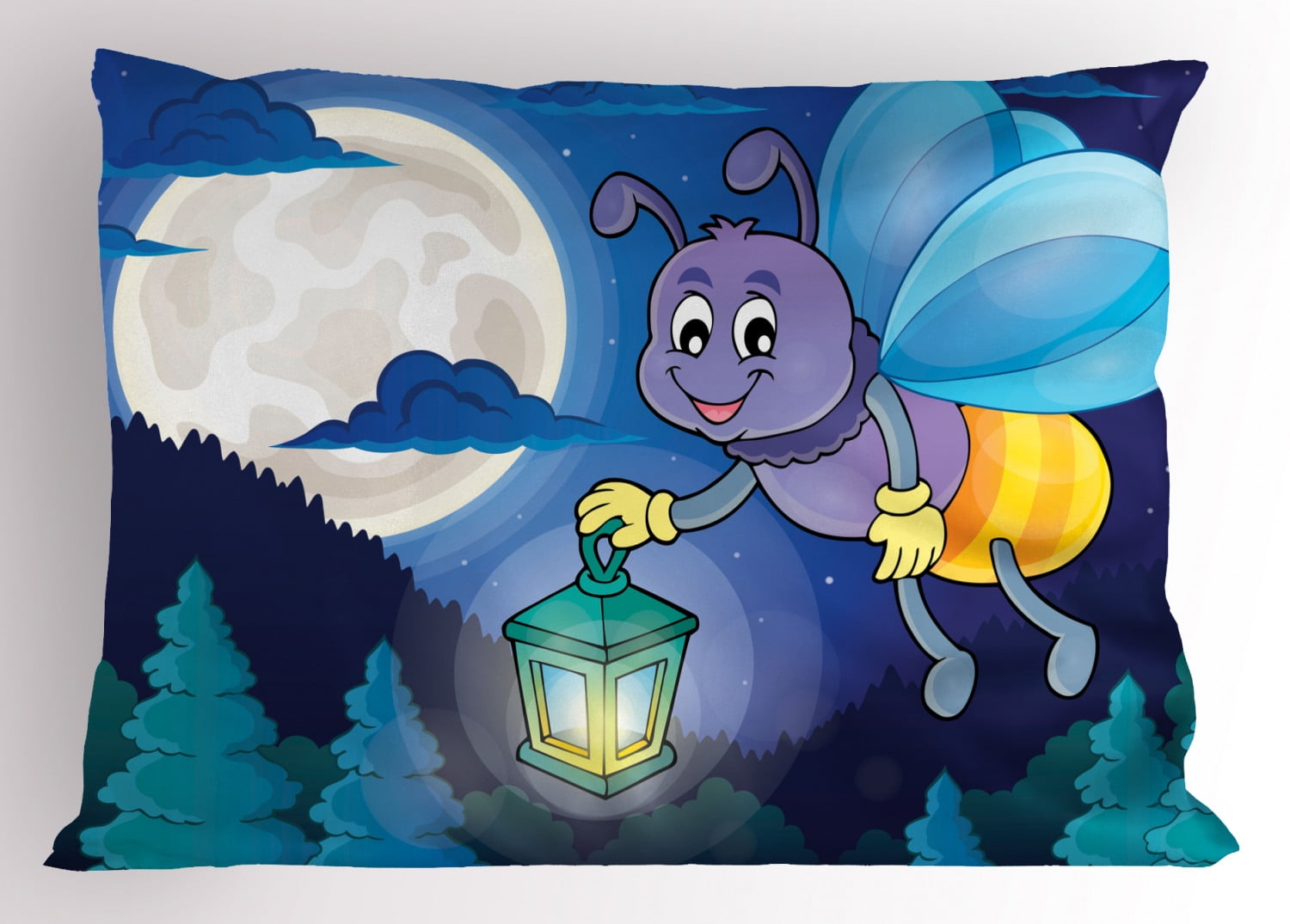 Firefly Pillow Sham, Cute Little Bug Flying with Lantern on Full Moon ...