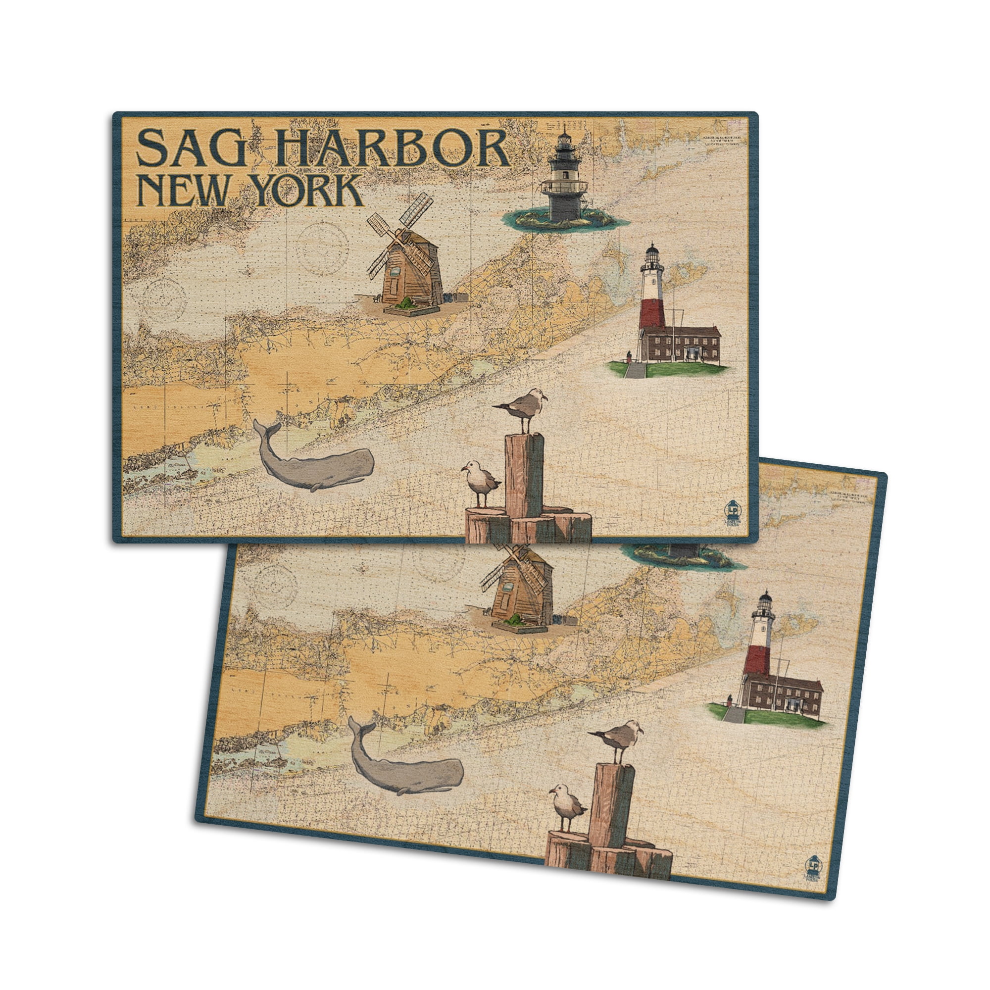 Sag Harbor, New York, Nautical Chart with Windmill (4x6 Birch Wood ...