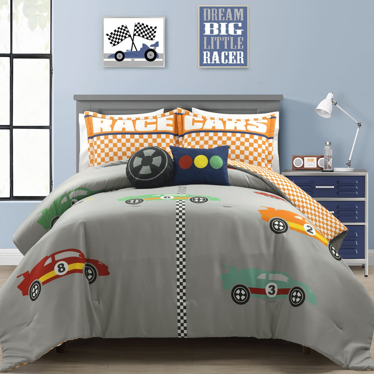 Lush Decor Racing Cars Reversible Oversized Comforter Gray/Orange 5Pc ...