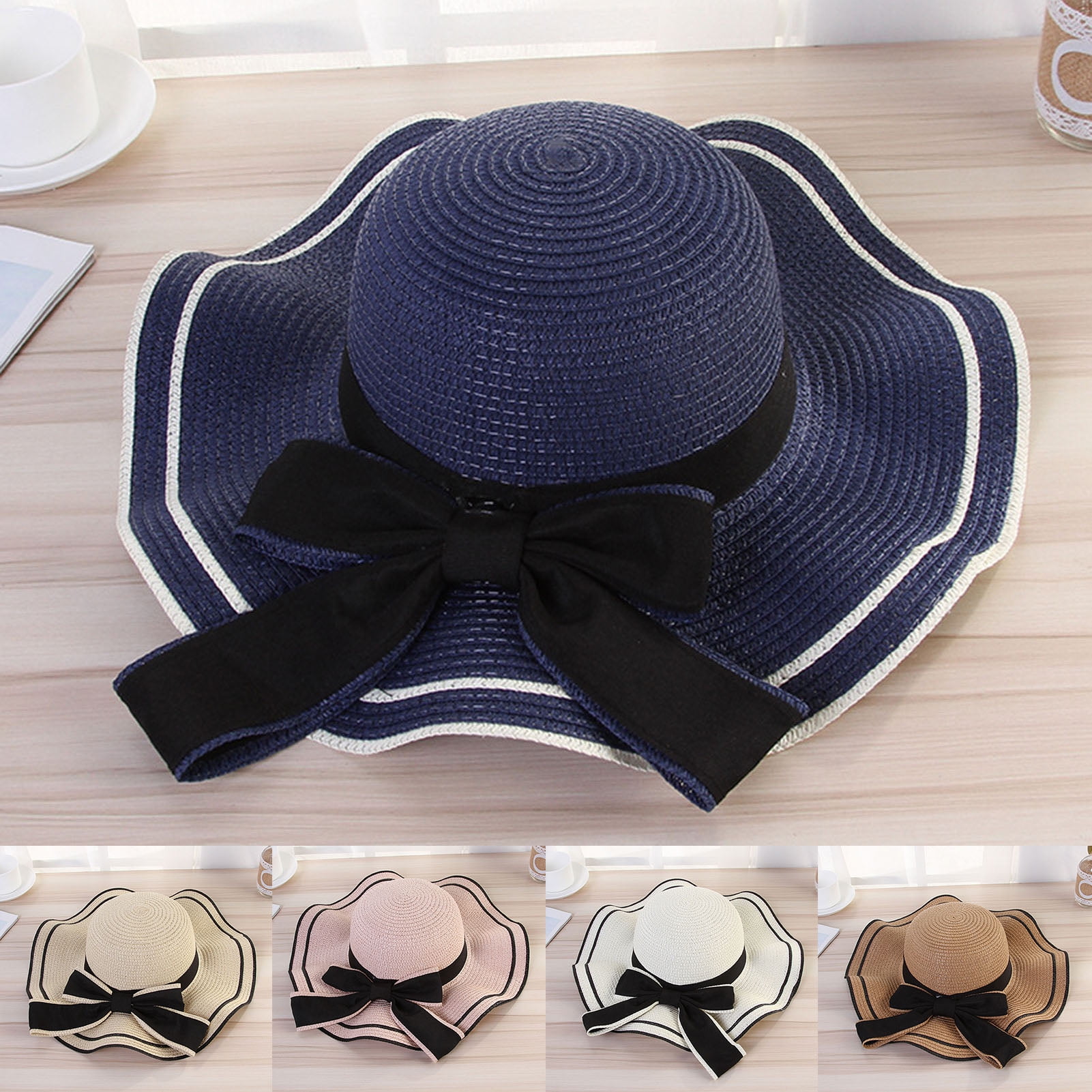 Honrane Windproof Sun Hat Spring Summer Wide Brim Bowknot Decor Straw ...