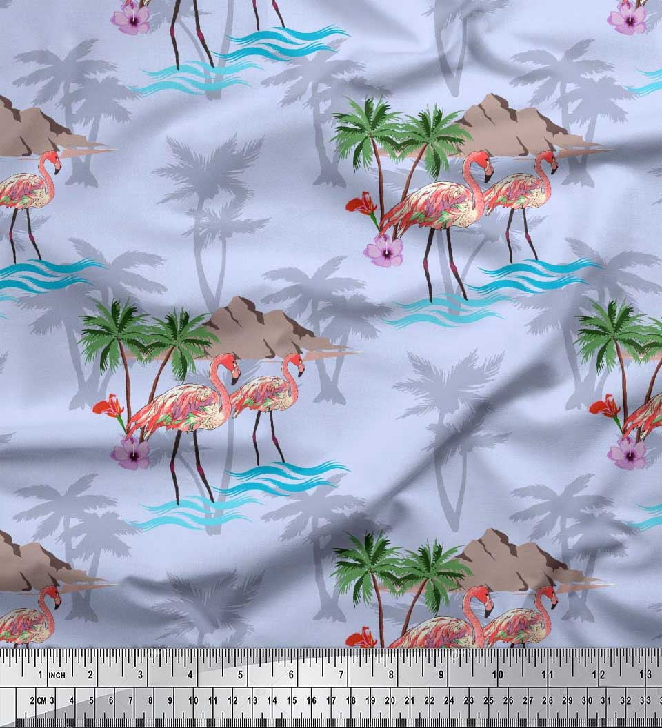 Soimoi Blue Cotton Duck Fabric Palm Tree, & Flamingo Bird Printed ...