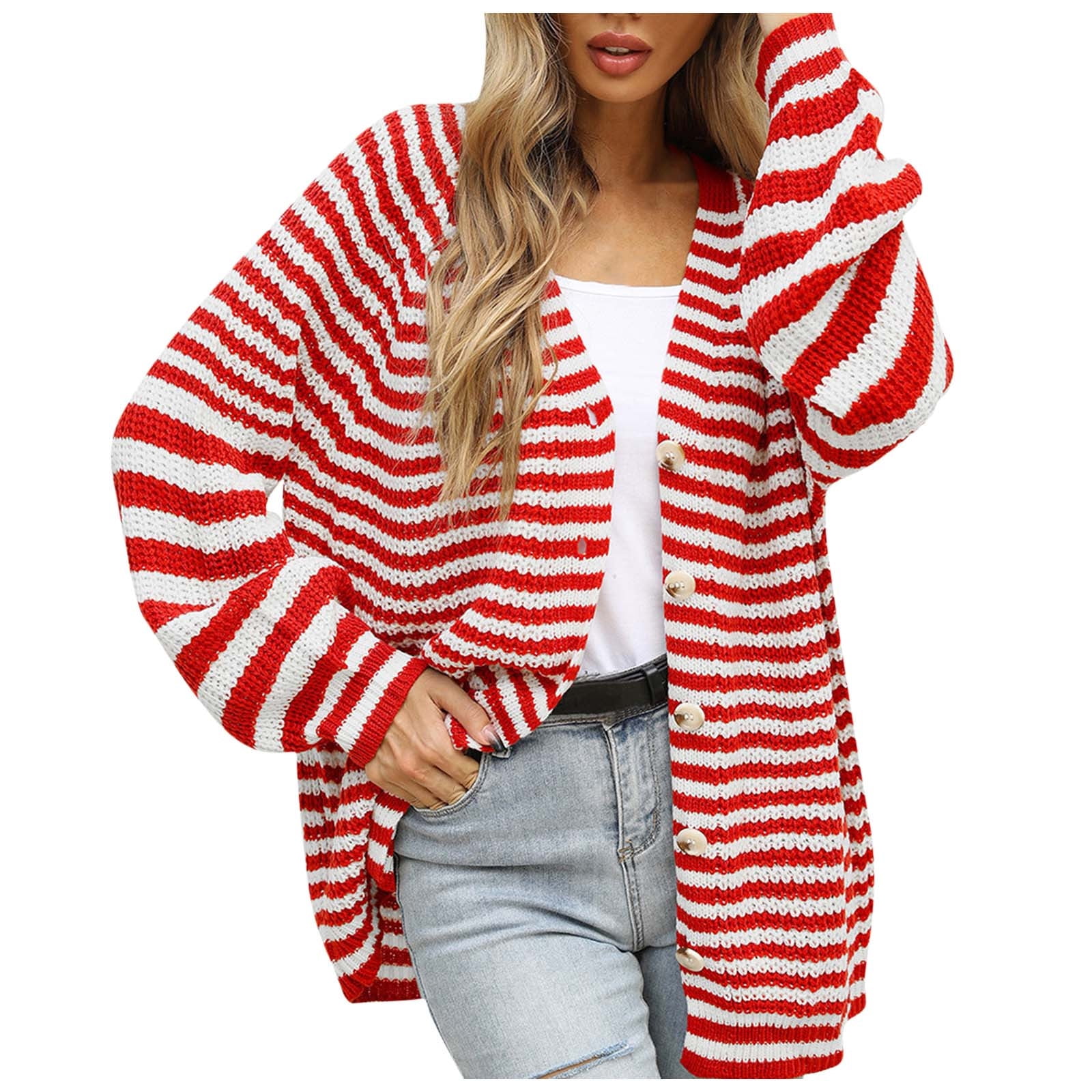 Women Striped Knitted Cardigan Sweaters Long Sleeve V Neck Button Down ...