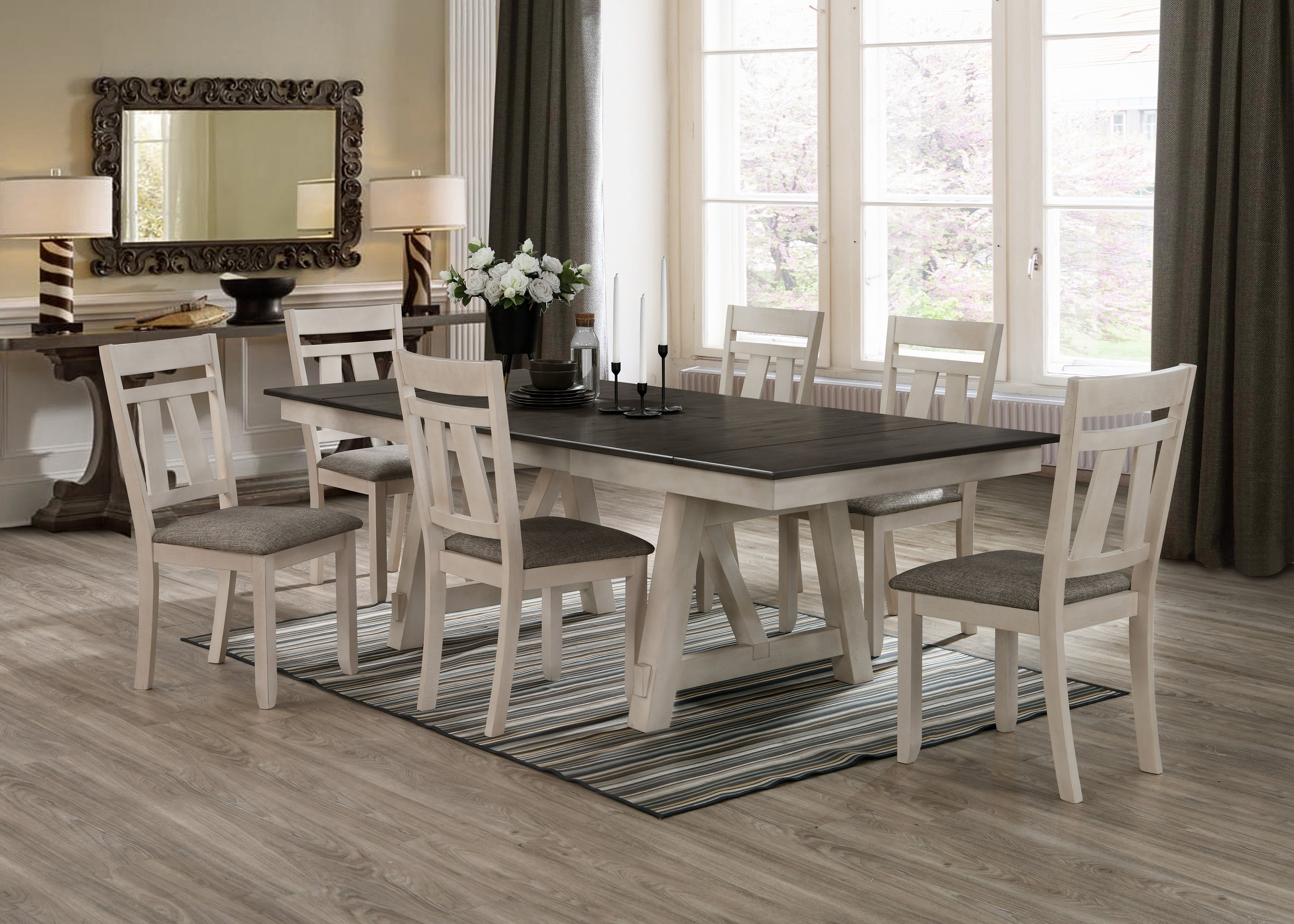 Transitional 7pc Dining Room Set Extendable Leaf Table Chair Chalk Grey Color Wooden Fabric Home ...