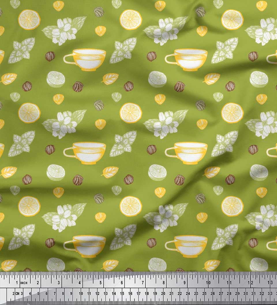 Soimoi Green Satin Silk Fabric Floral,Tea Cup & Lemon Slice Vegetable ...
