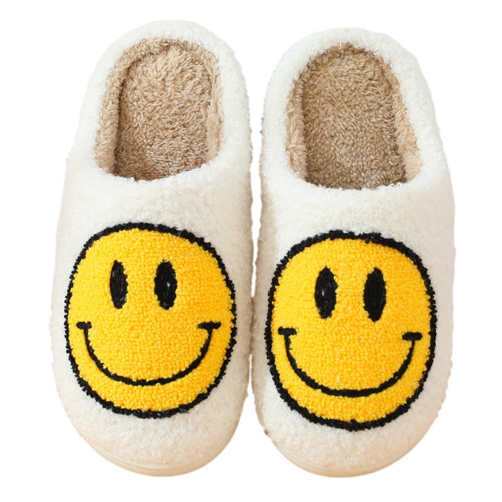 PacificPlex Womens Smiley Smile Slippers Plush Happy Face (8-8.5, White ...