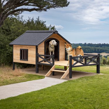 Demi Bonn 60" Outdoor Large Wood Dog House with Porch, Elevated Floor ...