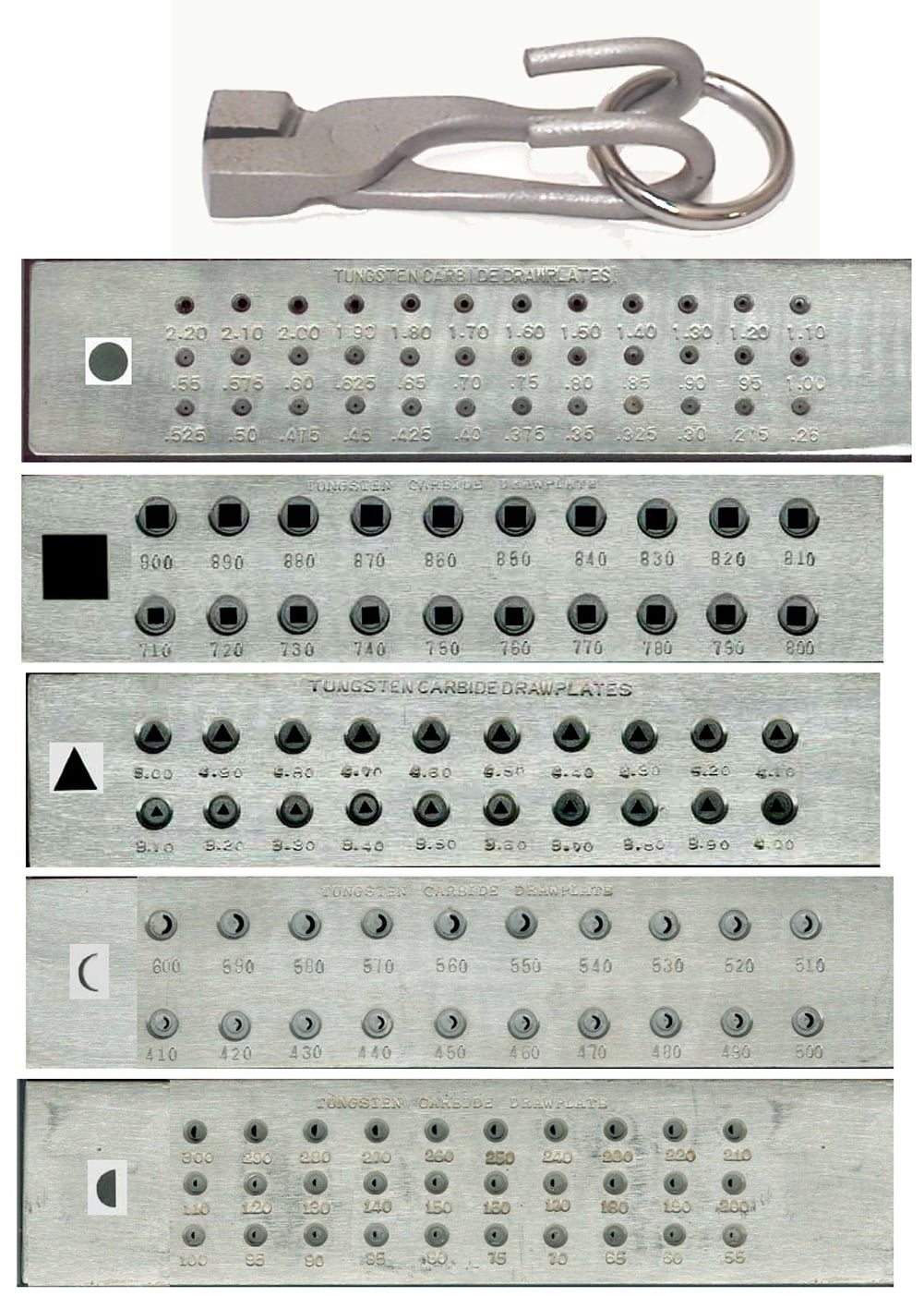 JSP 5 DIFFERENT TUNGSTEN CARBIDE DRAW PLATE COLLECTION, WITH DRAW TONGS ...
