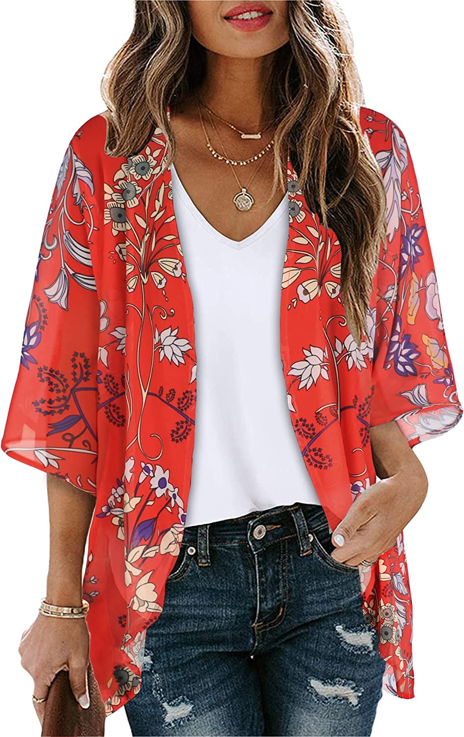 Women's Floral Print Puff Sleeve Kimono Cardigan Loose Cover Up Casual ...