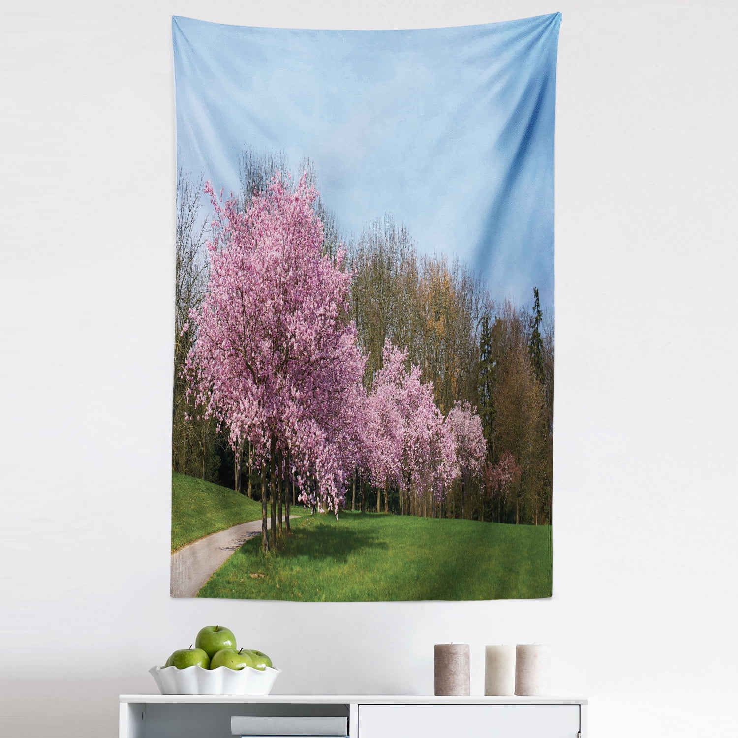 Trees Tapestry, Spring Romance Scenic Sakura Branches Blooming Cherry ...