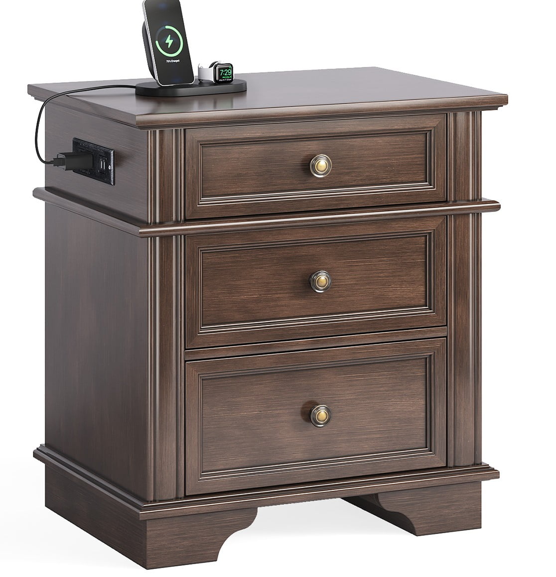 Ktaxon Solid Wood Nightstand with Outlets & USB Ports, 3 Drawer ...