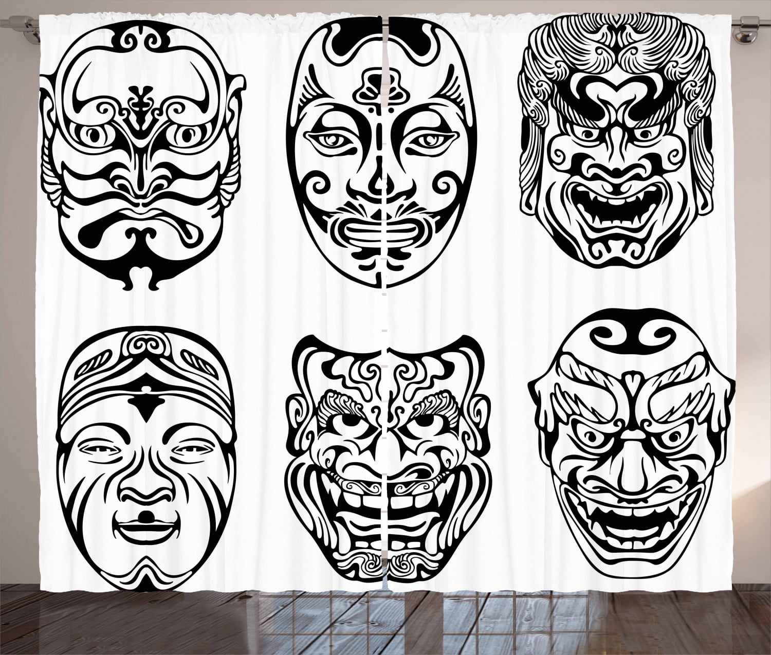 Kabuki Mask Curtains 2 Panels Set, Japanese Nogaku Theatrical Masks ...