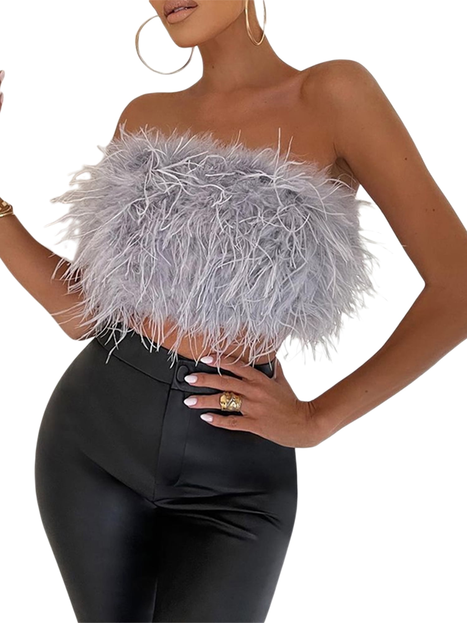 Yilvust Women Feather Strapless Tube Tops Sleeveless Solid Faux Fur