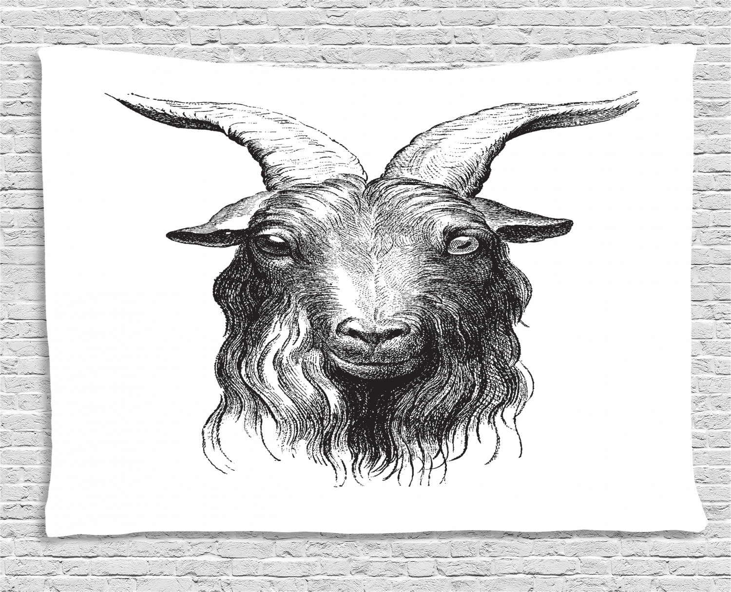 Goat Tapestry, Vintage Engraved Image of Goat Head Drawing Wildlife ...