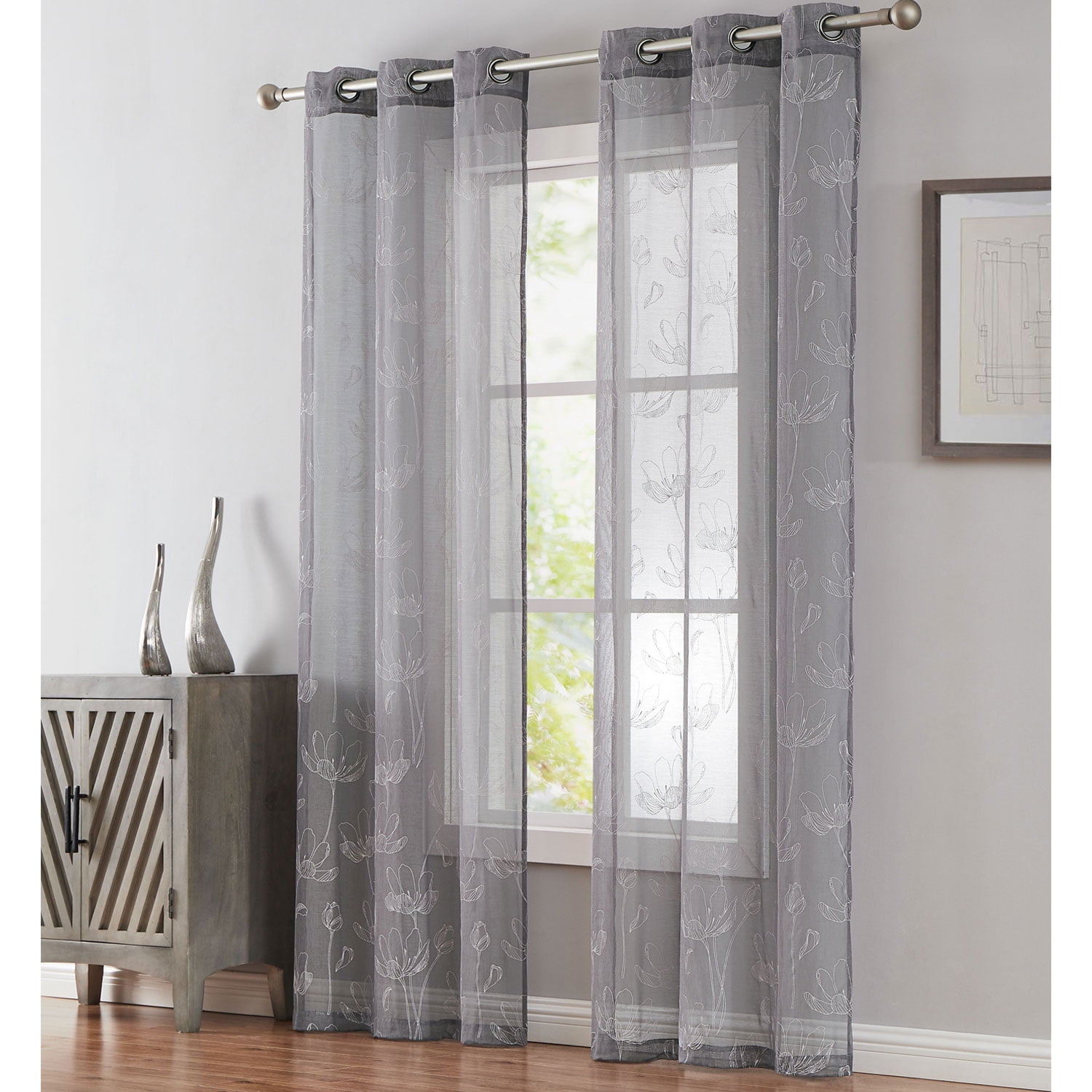Ilona Floral Passion 2-Piece Grommet Sheer Window Panels Set, Gray ...
