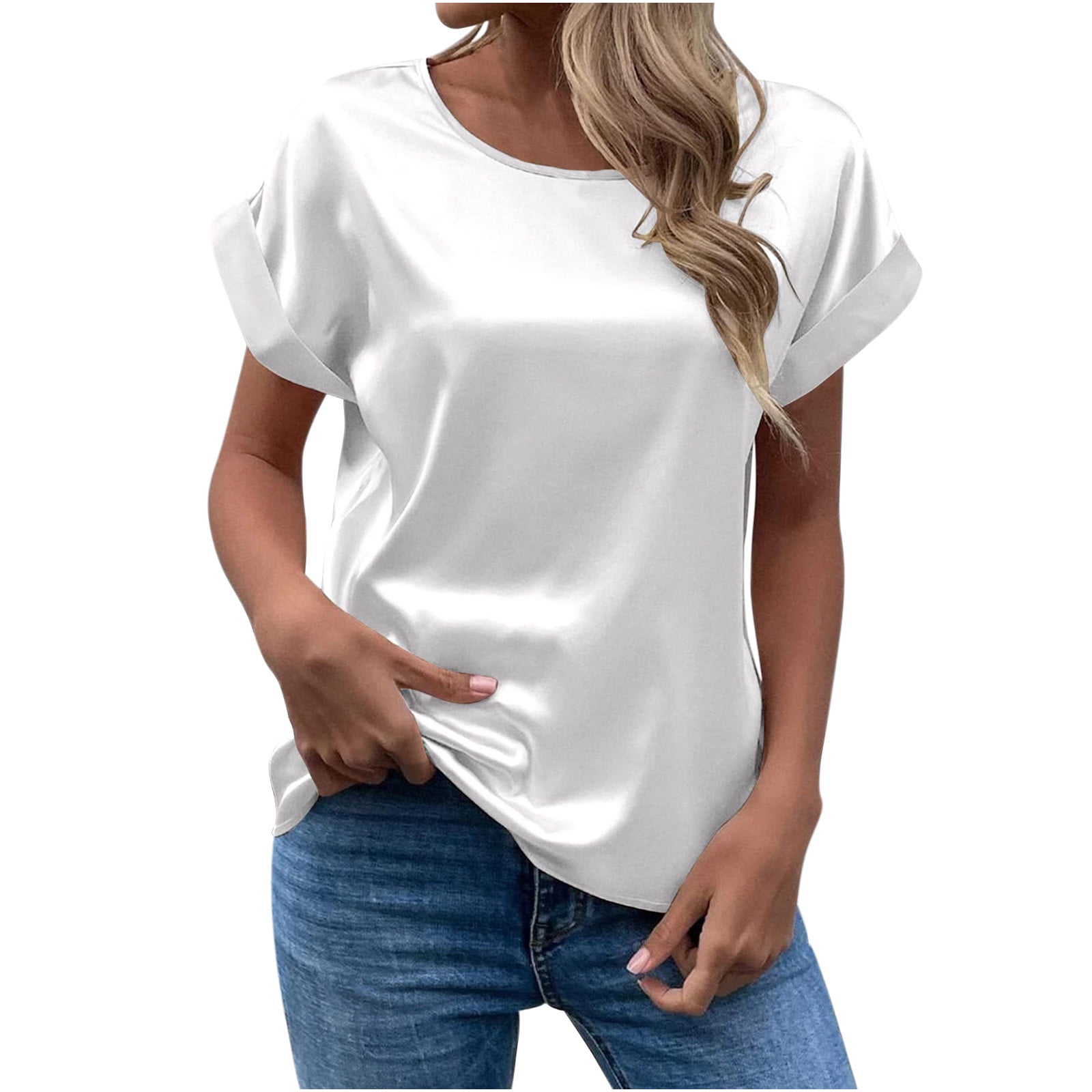 RQYYD Women's Short Sleeve Satin Blouses Casual Loose Crewneck Silk ...