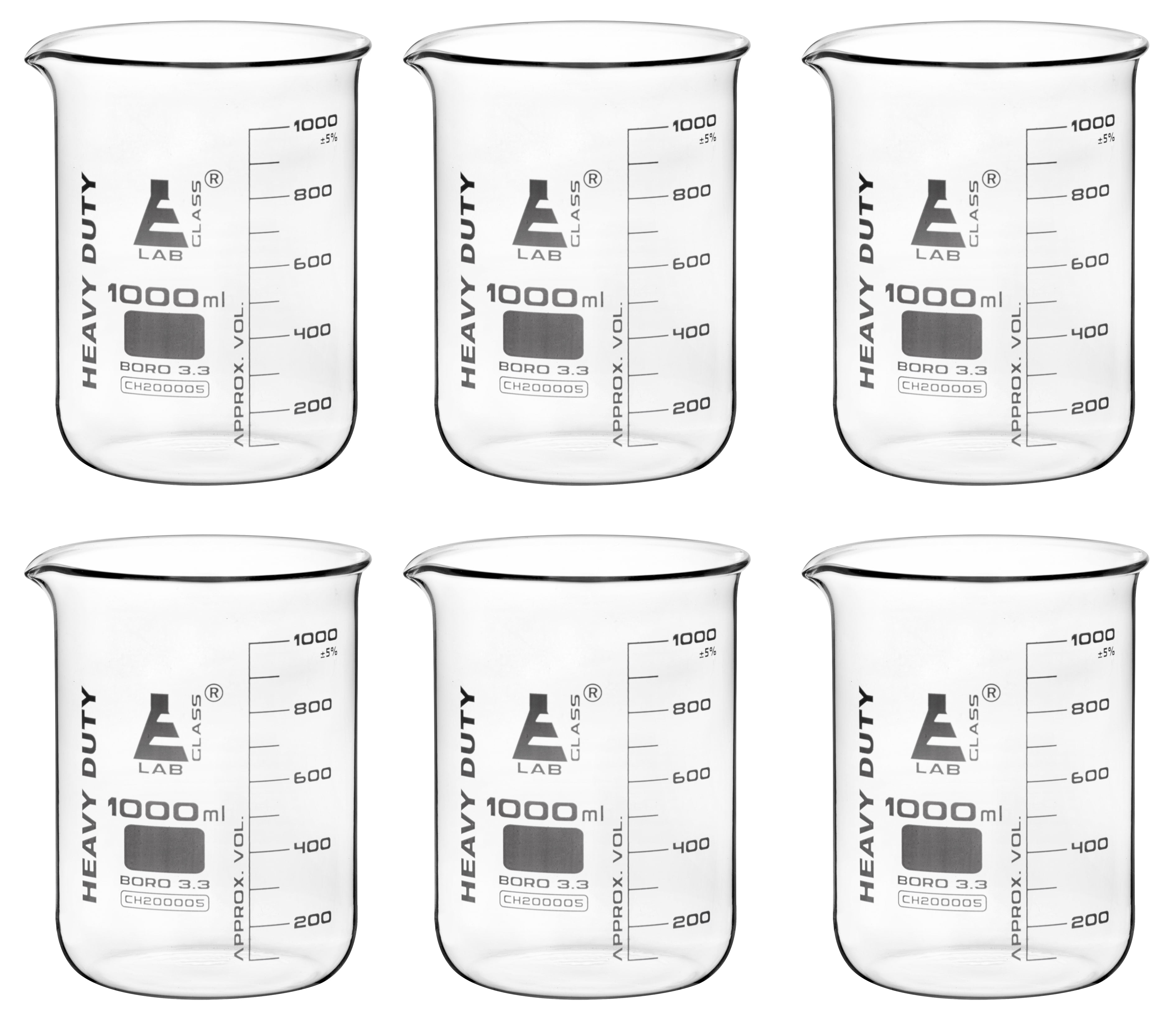 6PK Heavy Duty Beaker, 1000ml - 5mm Thick, Uniform Walls - Superior ...