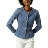 INSPIRE CHIC Women's Denim Jacket Button Down Peplum Hem Long Sleeve Cropped Washed Jean Jacket ...