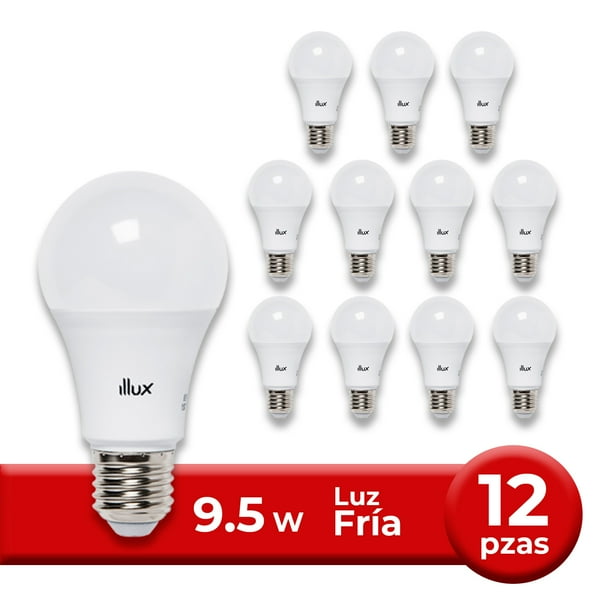 Focos LED. Pack de 12 PZ. Luz fría 6500K. 9.5W. 800 lumenes. E26. Foco ahorrador. Illux FL-10A19 ...