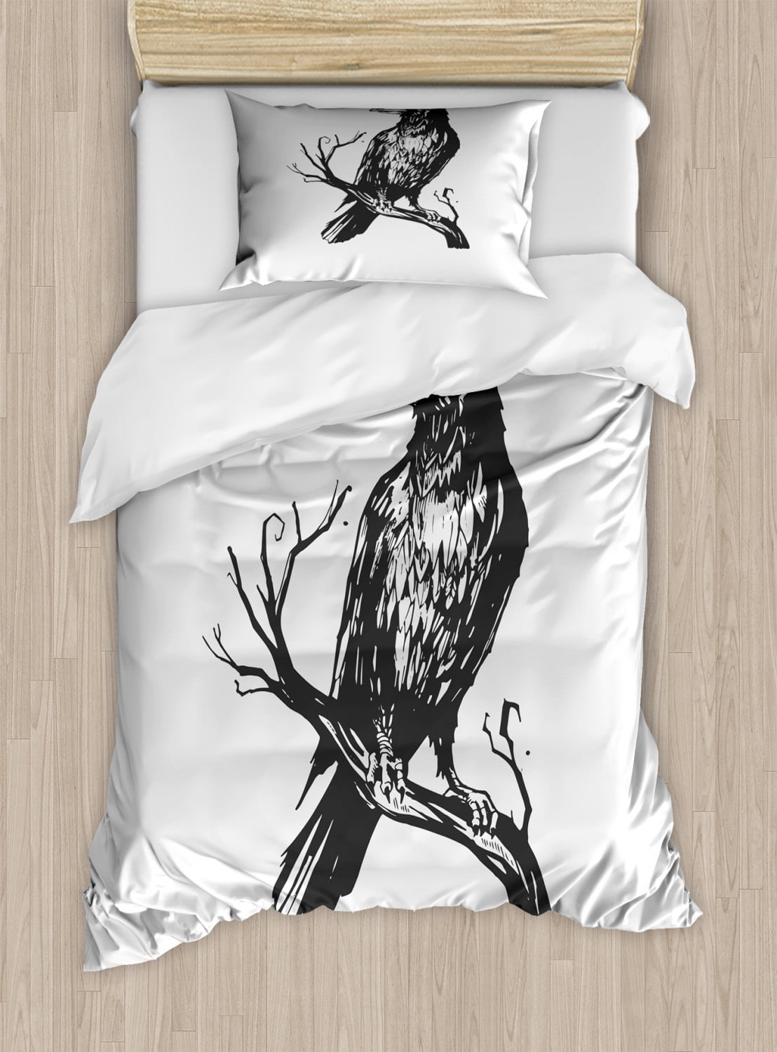 Black Crow Duvet Cover Set Twin Size, Monochromatic Design of Bird on ...