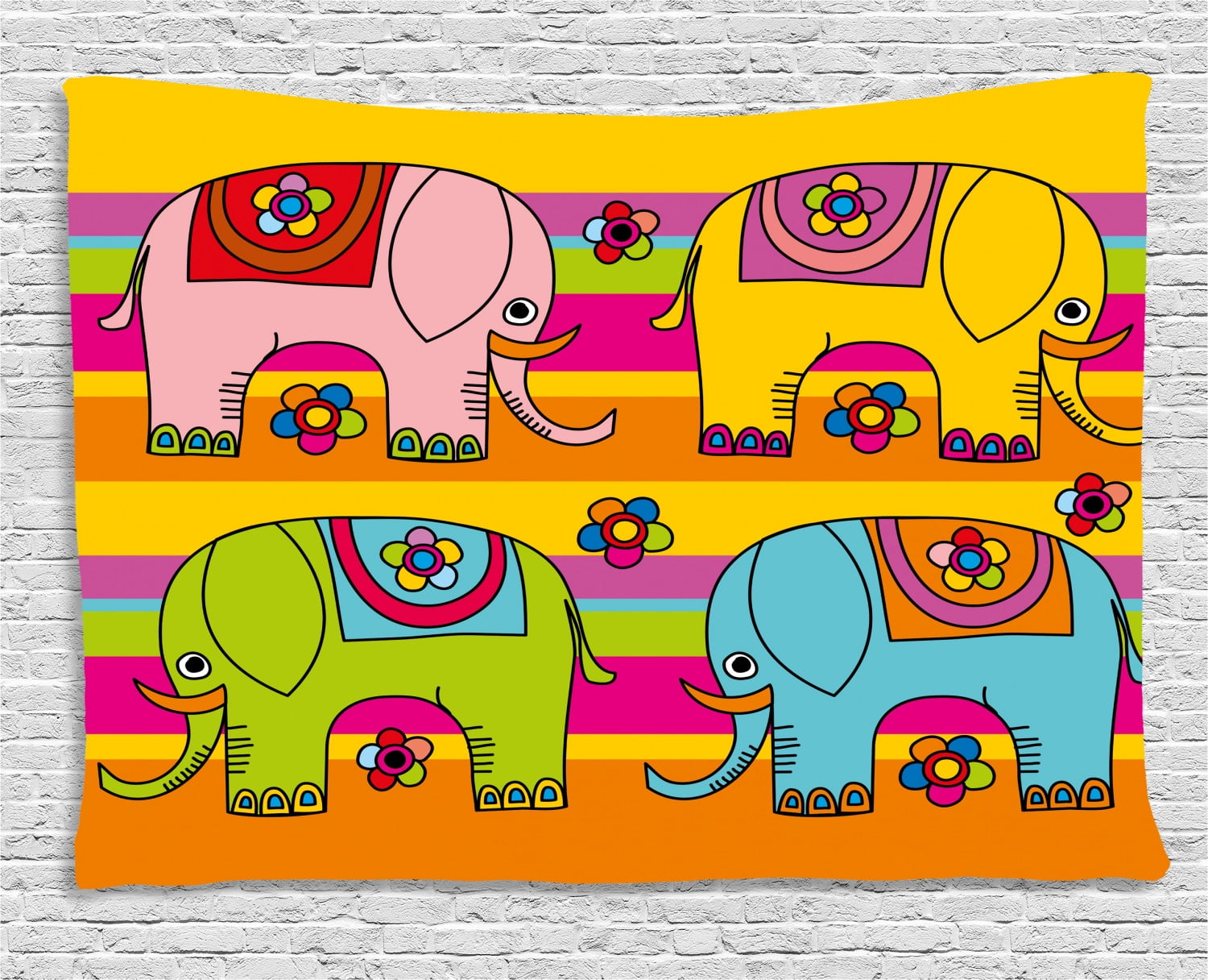Elephant Nursery Decor Tapestry, Funky Floral Eastern Elephants ...