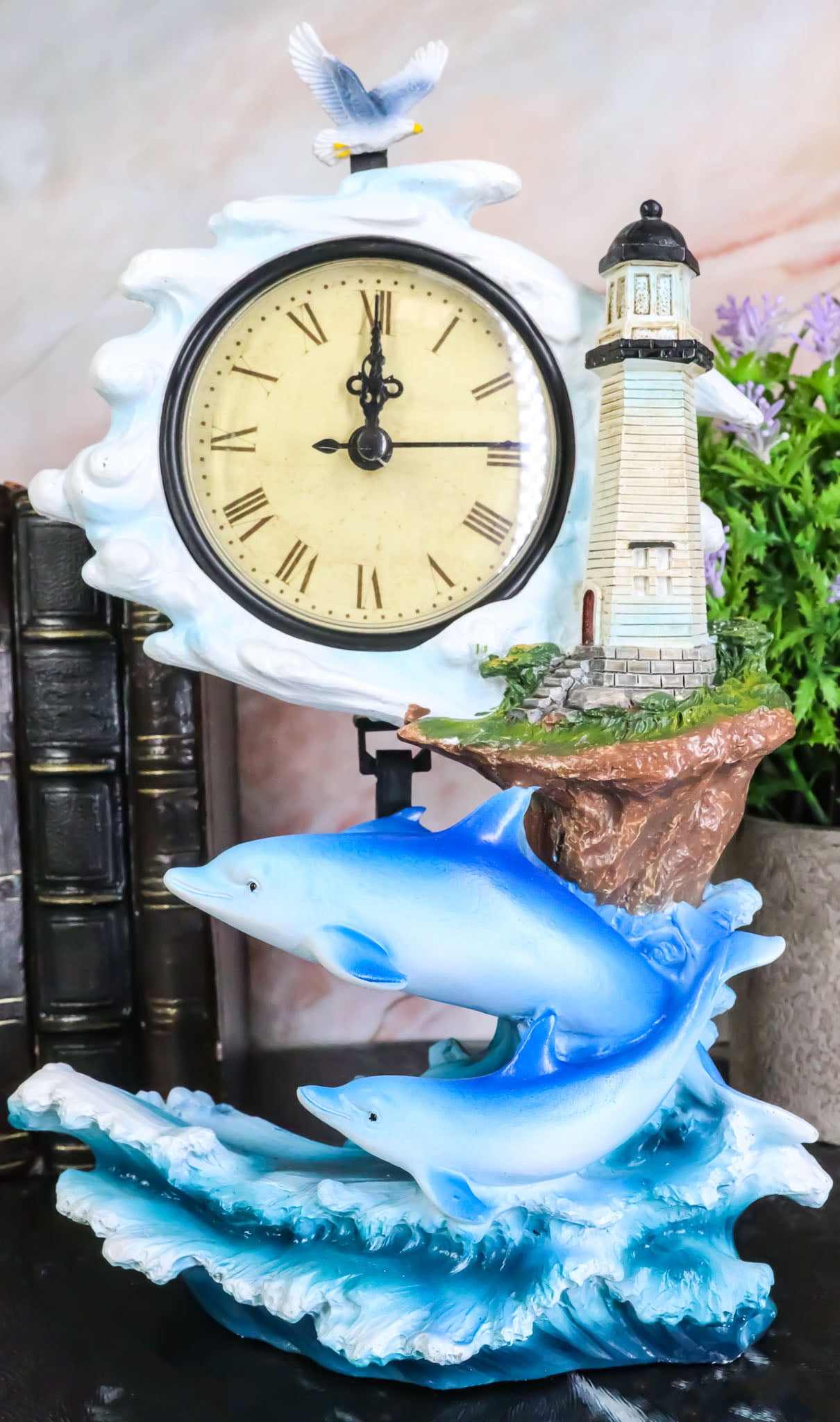 Nautical Marine Bottlenose Dolphins Family In Waves By Lighthouse Table ...