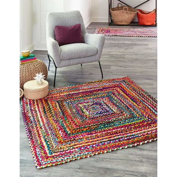 Unique Loom Layer Braided Chindi Rug Multi/Blue 8' Square Braided ...