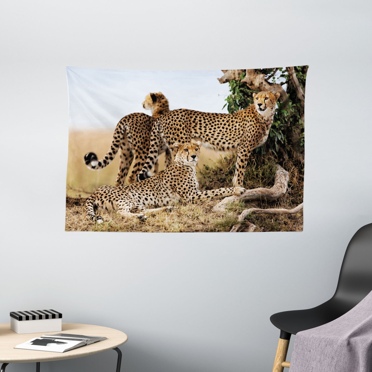 Wildlife Decor Tapestry, Cheetahs Mother and Two Young Baby Looking for ...