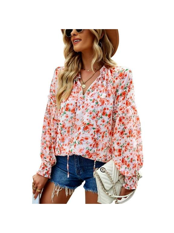 Siliteelon Womens Boho Floral Casual Shirts V Neck Ruffle Long Sleeve ...